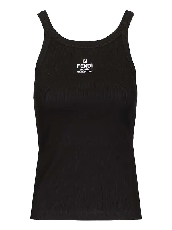 Fendi Ribbed Cotton Top With Embroidered Logo - Black