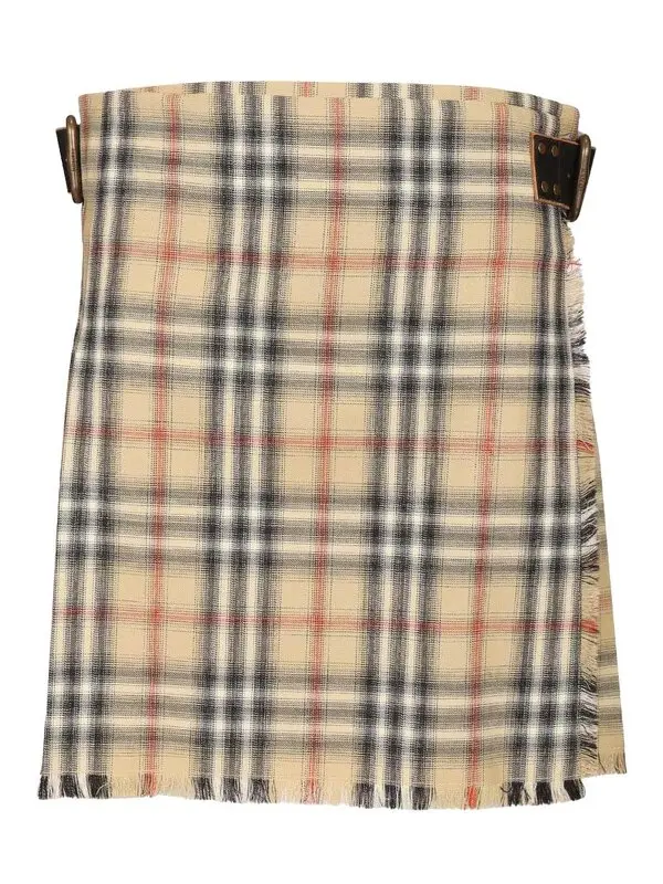Burberry Check Wool Mini Kilt With Fringes And Buckle Detail - Brown
