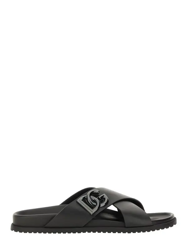 Dolce & Gabbana Calfskin Cross Strap Sandals With Dg Logo - Black
