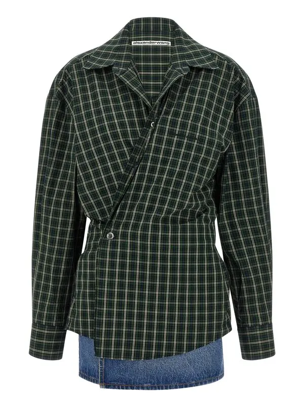 Alexander Wang Check Print Cotton Poplin And Denim Dress - Green