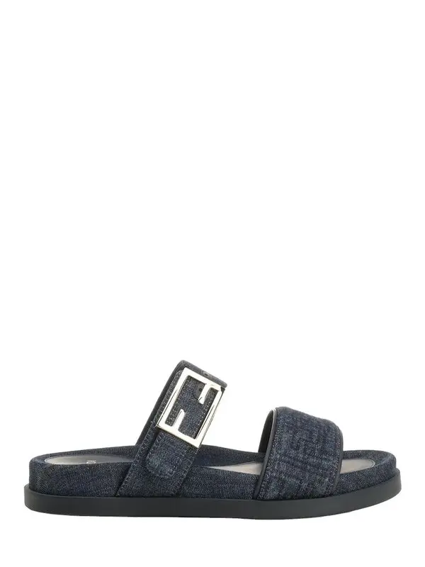 Fendi Flat Denim Slides With Ff Baguette Buckle - Blue