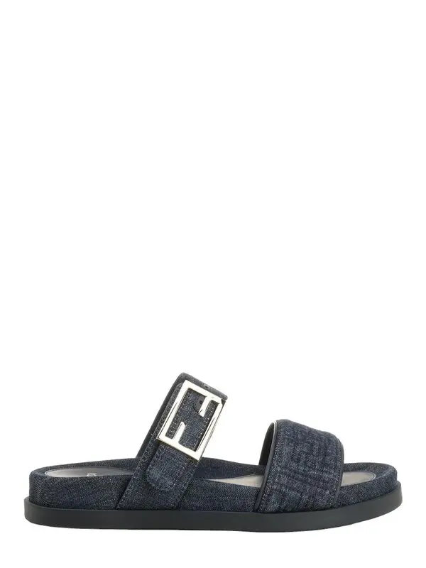 Fendi Flat Denim Slides With Ff Baguette Buckle - Blue