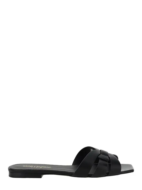 Saint Laurent Woven Leather Square Toe Flat Sandals - Black