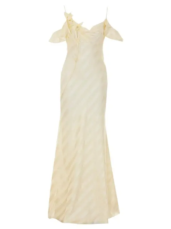 SELF-PORTRAIT Satin Striped Maxi Dress With Bow Detail - Yellow