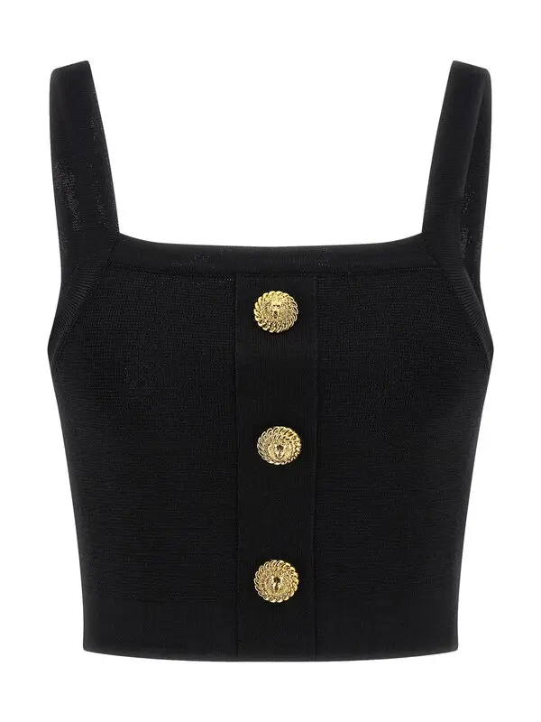Balmain Viscose Knit Cropped Top With Testa Di Leone Buttons - Black