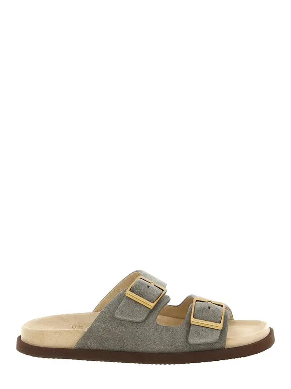 Brunello Cucinelli Suede Urban Slides With Metal Buckles - Gray