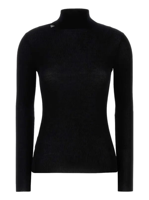 Prada Virgin Wool Ribbed Mock Neck Long Sleeve Top - Black