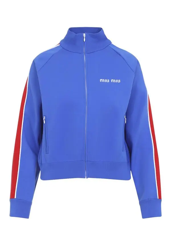 Miu Miu Zip-up Cardigan With Embroidered Logo - Blue