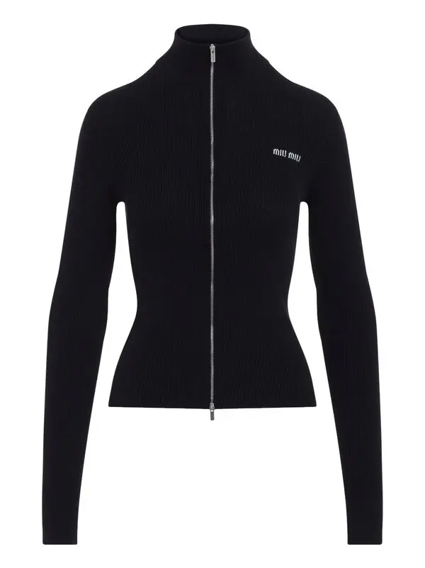 Miu Miu Zip-up Cardigan With Embroidered Logo - Blue