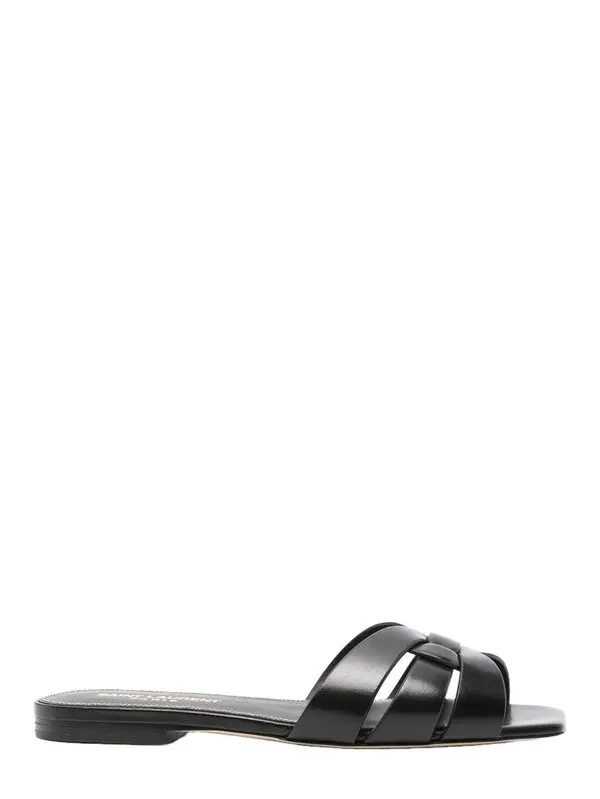 Saint Laurent Leather Braided Strap Flat Sandals - Black
