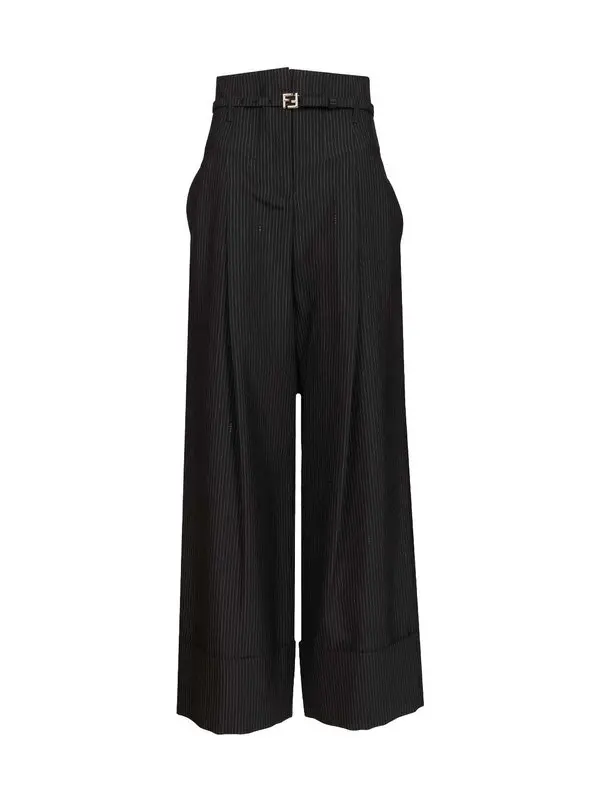 Fendi Pinstriped Wool Trousers With Ff Buckle Belt - Blue