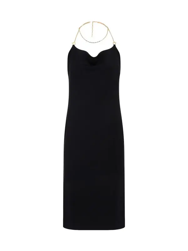 Bottega Veneta Viscose Midi Dress With Gold Tone Chain Detail - Black