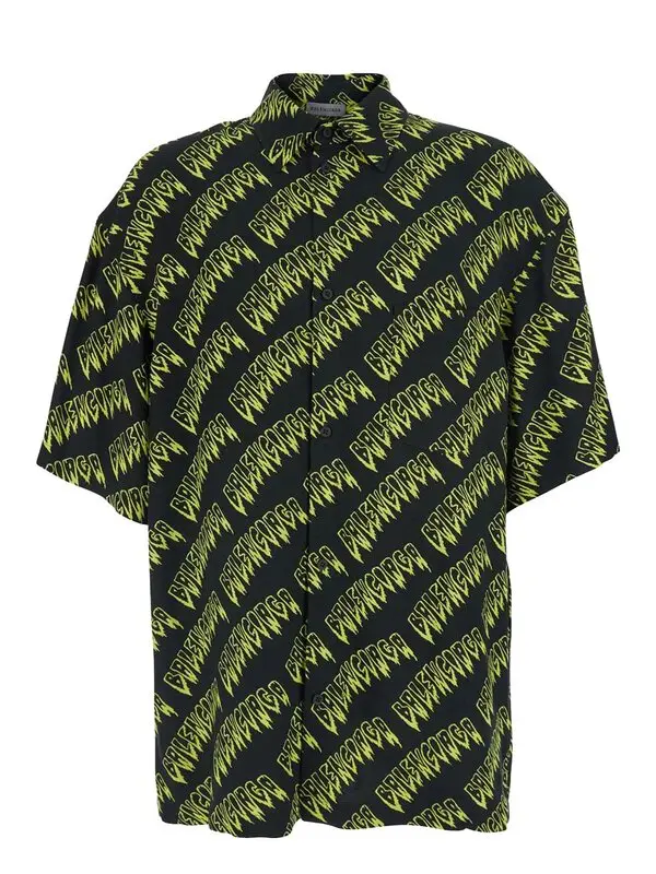 Balenciaga Creeper' Shirt With Classic Collar And All-over Logo Motif In Viscose For - Black