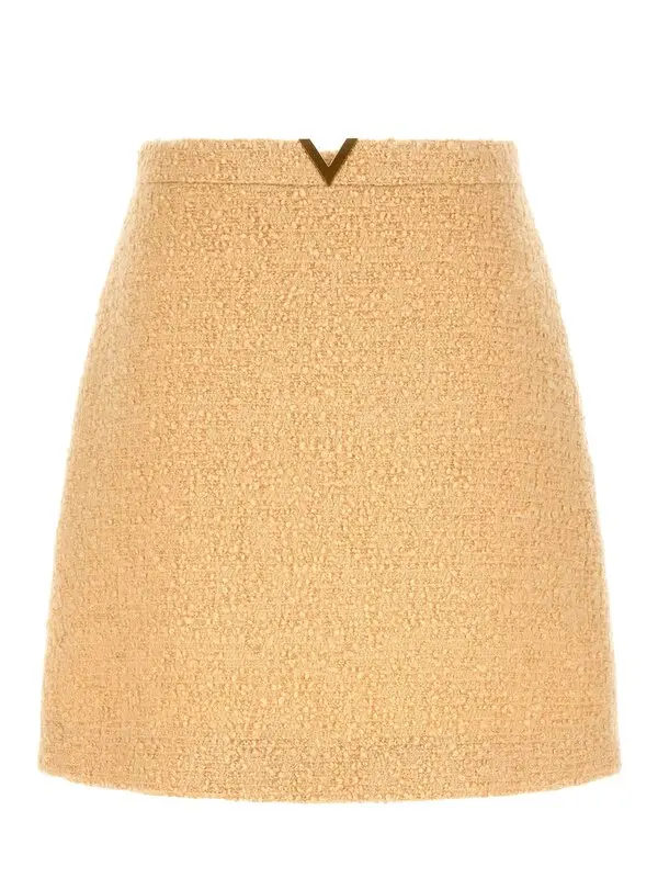 Valentino Garavani V Gold Curly Wool Tweed Mini Skirt - Cream