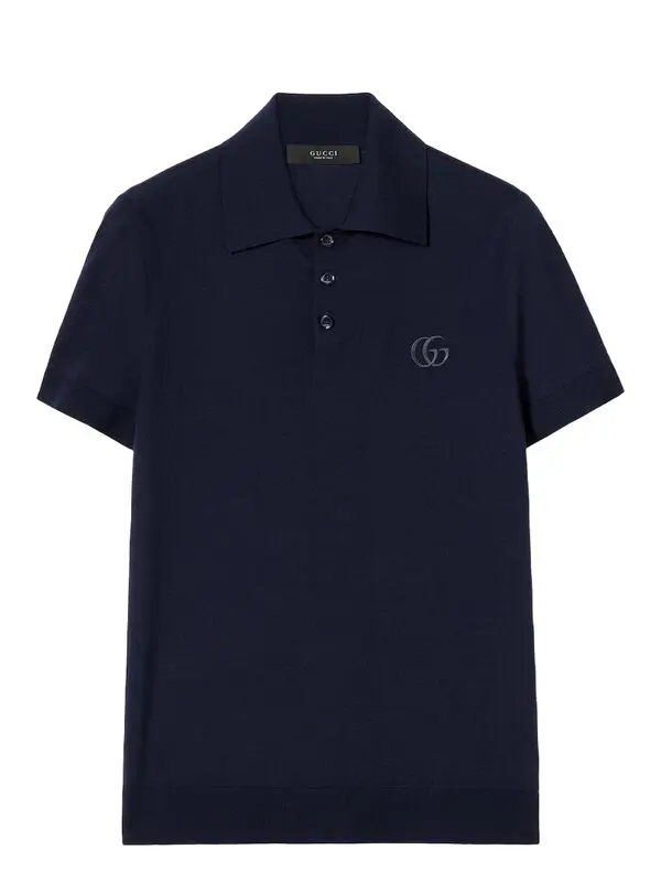 Gucci Dark Wool Knit Polo With Gg Embroidery - Blue