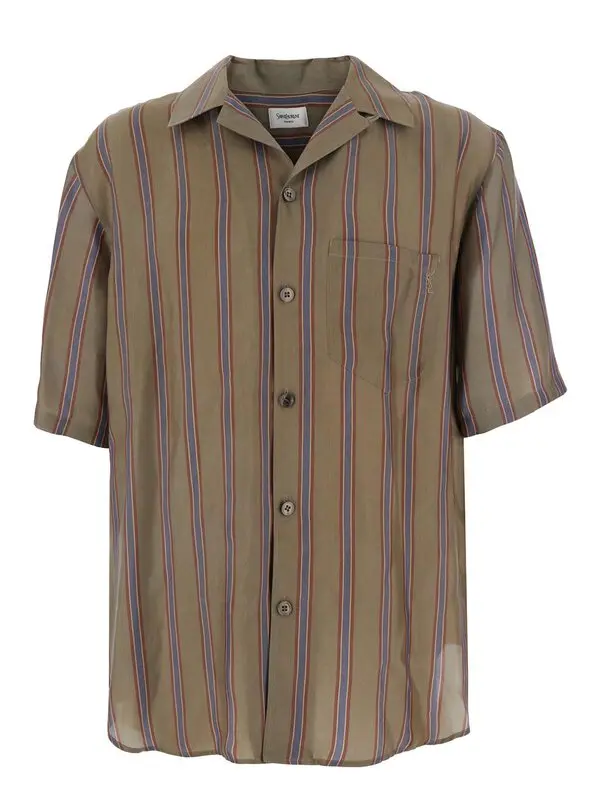 Saint Laurent Boxy Strips Shirt With Collar And Long Sleeves In Brown For - Multicolor
