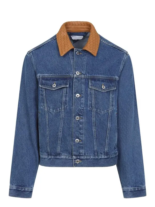 Bottega Veneta Denim Trucker Jacket With Intrecciato Leather Collar - Blue