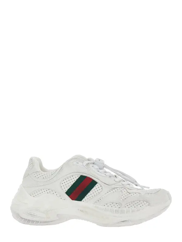 Gucci White Leather Low Top Sneakers With Perforated Design And Web Detail - Multicolor