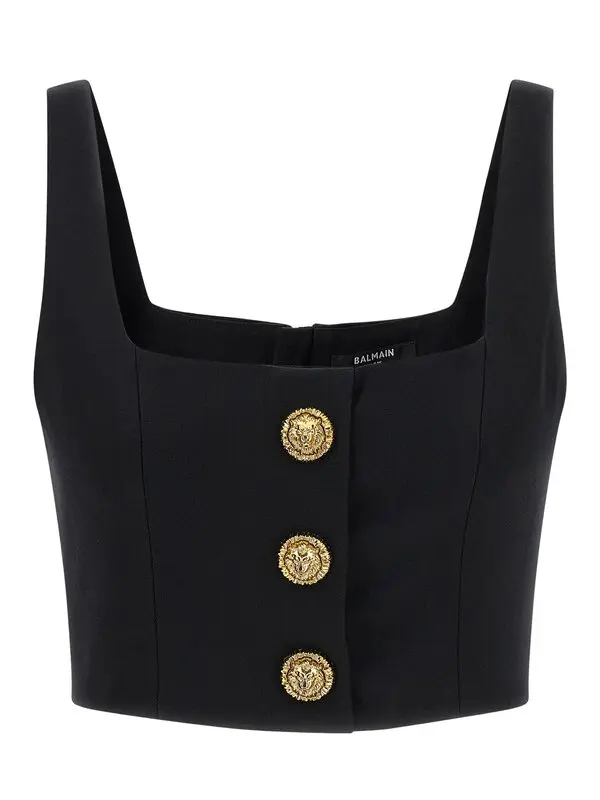 Balmain Cropped Wool Top With 'leone Doppia Catena' Buttons - Black