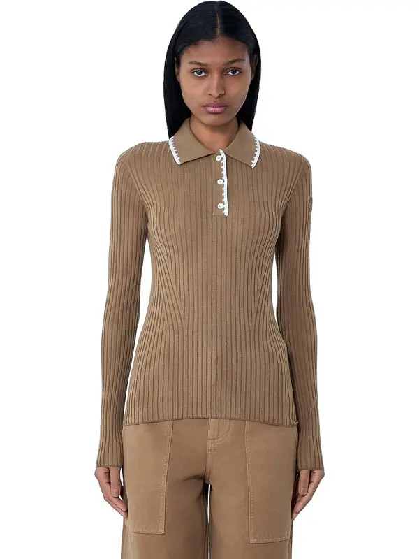 Moncler Ribbed Knit Collared Long Sleeve Top - Brown
