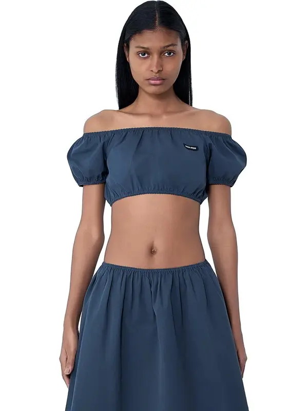 Miu Miu Off-shoulder Gathered Puff Sleeve Cropped Top - Gray