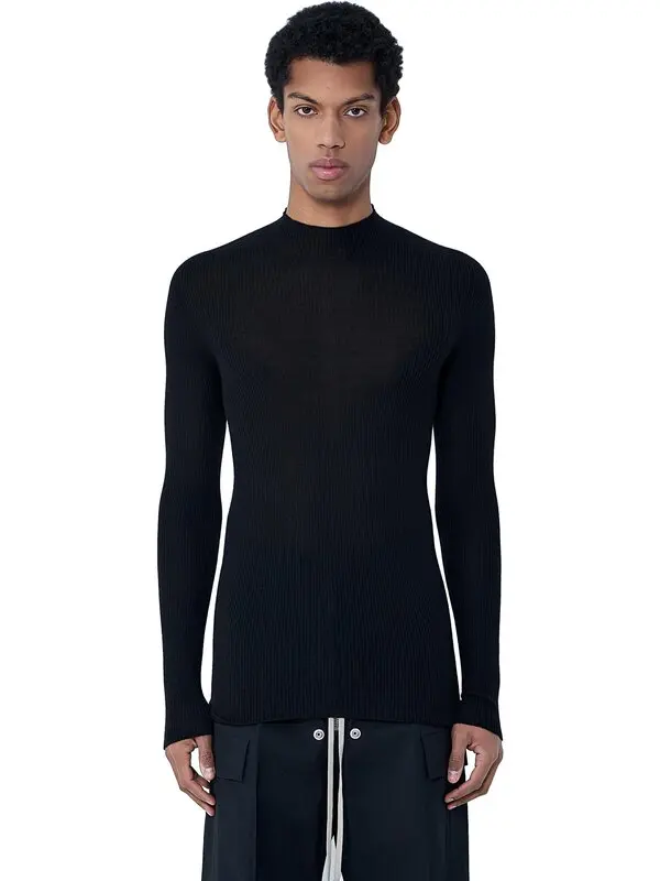 Rick Owens Ribbed Knit High Neck Long Sleeve Top - Black