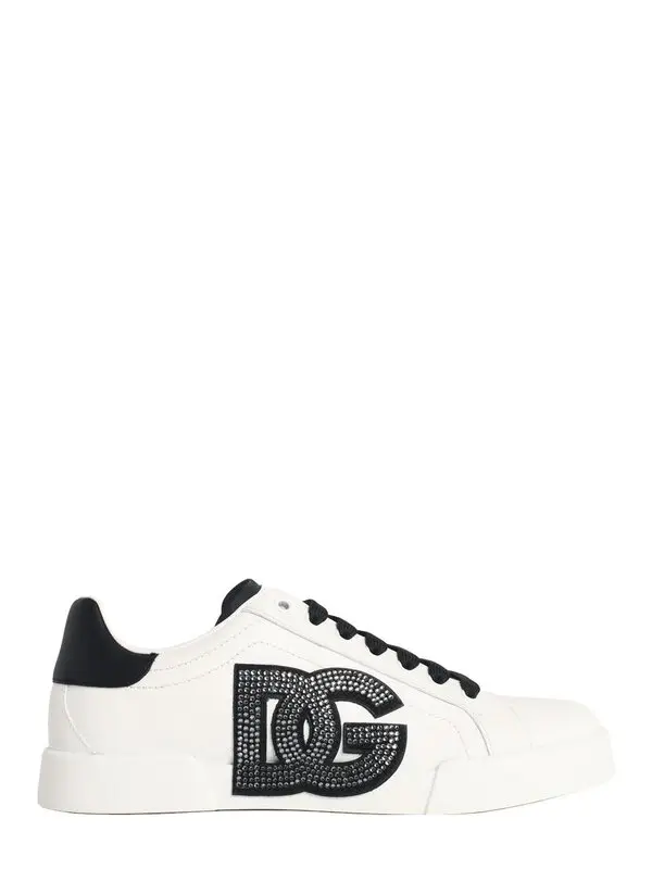 Dolce & Gabbana Portofino' Leather Sneakers With Rhinestone Logo - White