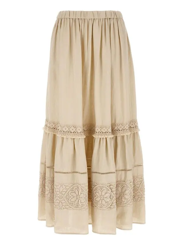 Max Mara Linen Maxi Skirt With Lace Trim - Cream
