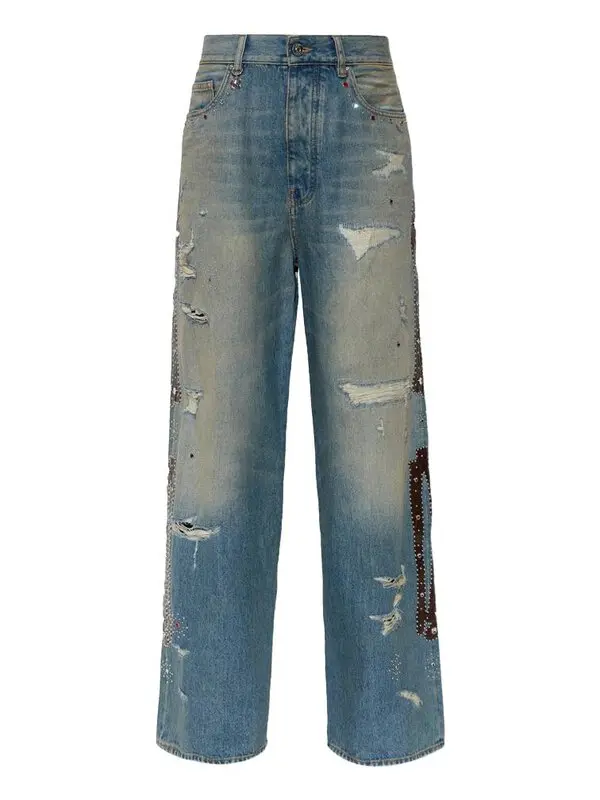 Amiri Embellished Wide-leg Denim Jeans - Blue