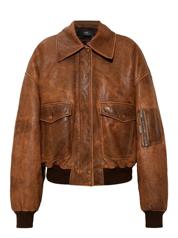 Amiri Leather Collared Zip Up Jacket - Brown