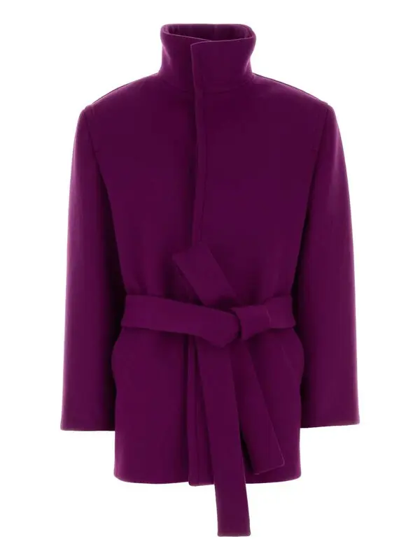 Saint Laurent Wool Coat With Tie Detail - Purple