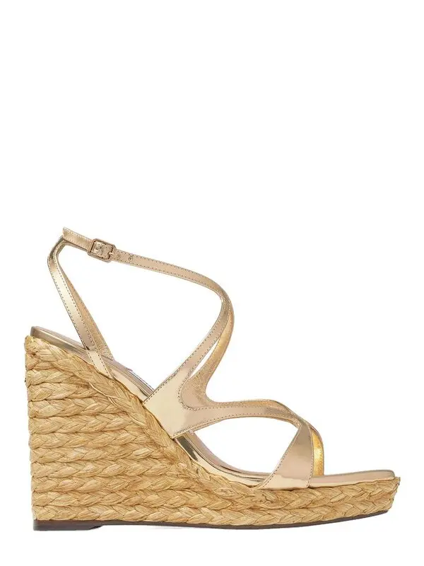 JIMMY CHOO Tone Leather Braided Raffia Wedge Sandals - Gold