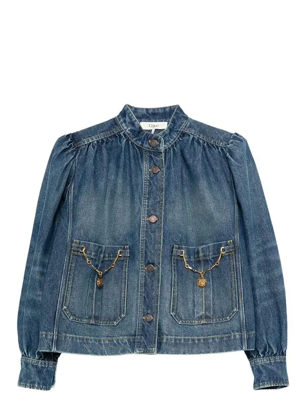 Chloé High-neck Gathered Denim Jacket - Blue