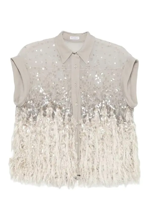Brunello Cucinelli Sequin Embellished Fringe Shirt - Gray