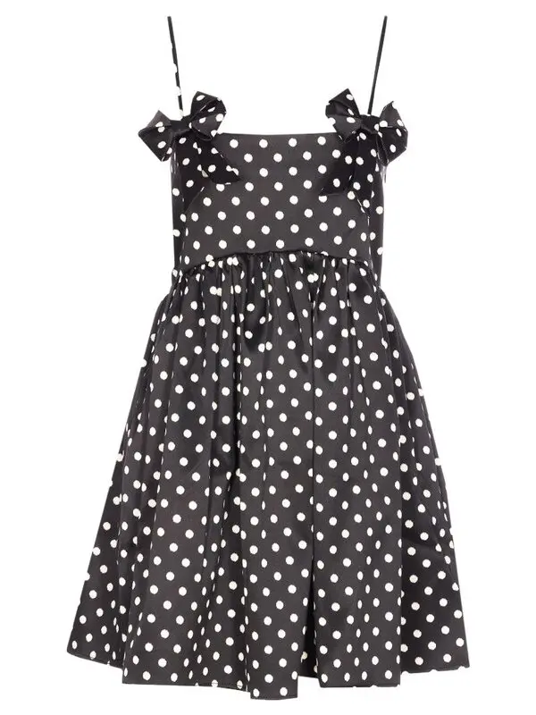 GANNI Polka Dot Satin Mini Dress With Bow Detail - Black