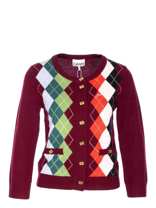 GANNI Check Print Merino Wool & Cashmere Cardigan - Multicolor