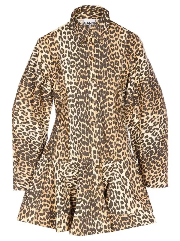 GANNI Leopard Print Long Sleeve Shirt Dress - Brown