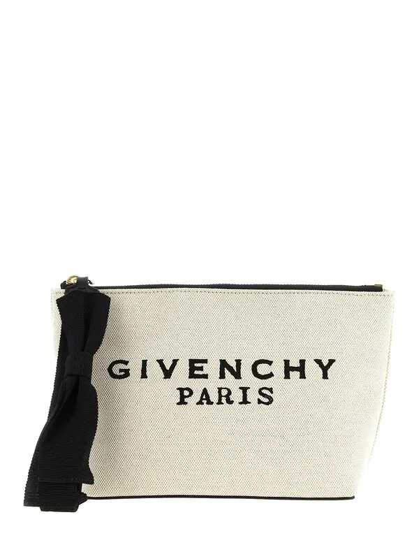 Givenchy Small Canvas Clutch With Bow Detail And Logo Print - Cream