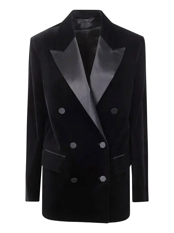 GOLDEN GOOSE Laurene" Double Breasted Cotton Velvet Blazer With Satin Contrast - Black
