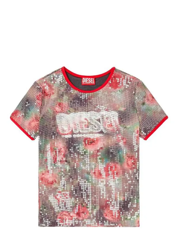 DIESEL® Sequined Floral Print Crewneck T-shirt - Brown