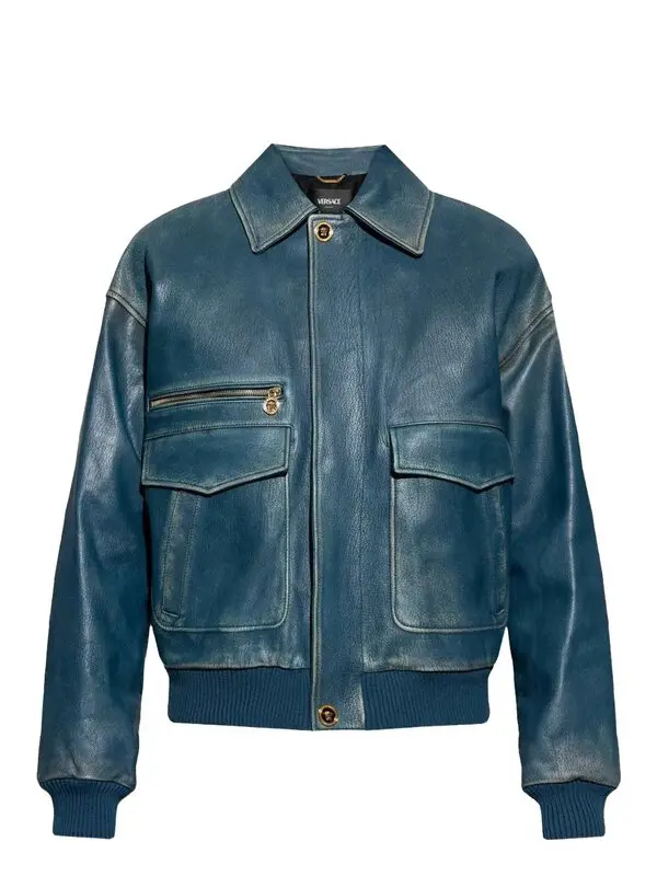 Versace Leather Zip-up Jacket - Blue