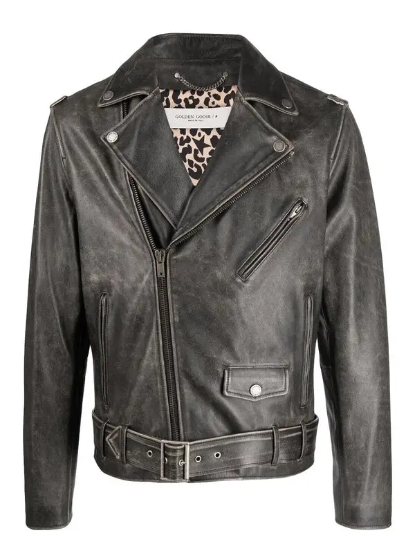 GOLDEN GOOSE Distressed Leather Biker Jacket - Black