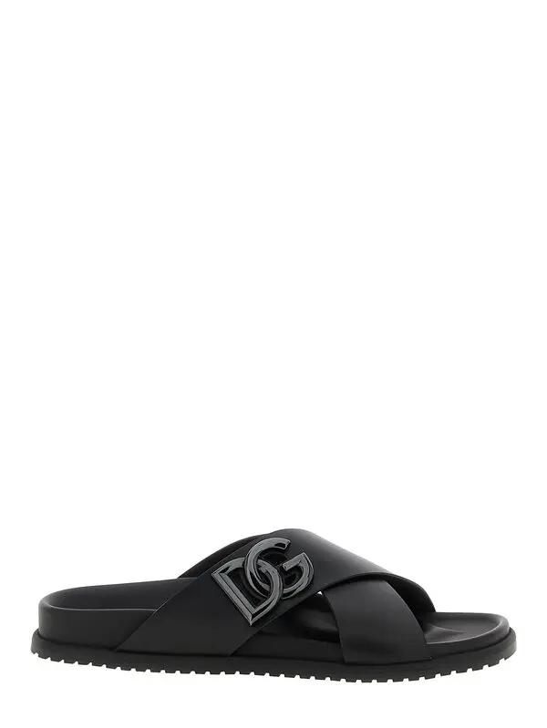 Dolce & Gabbana Calf Leather Slides With Dg Logo - Black