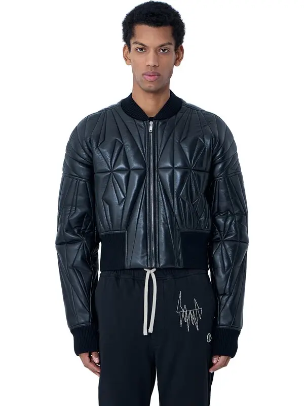Moncler Geometric Quilted Leather Bomber Jacket - Black