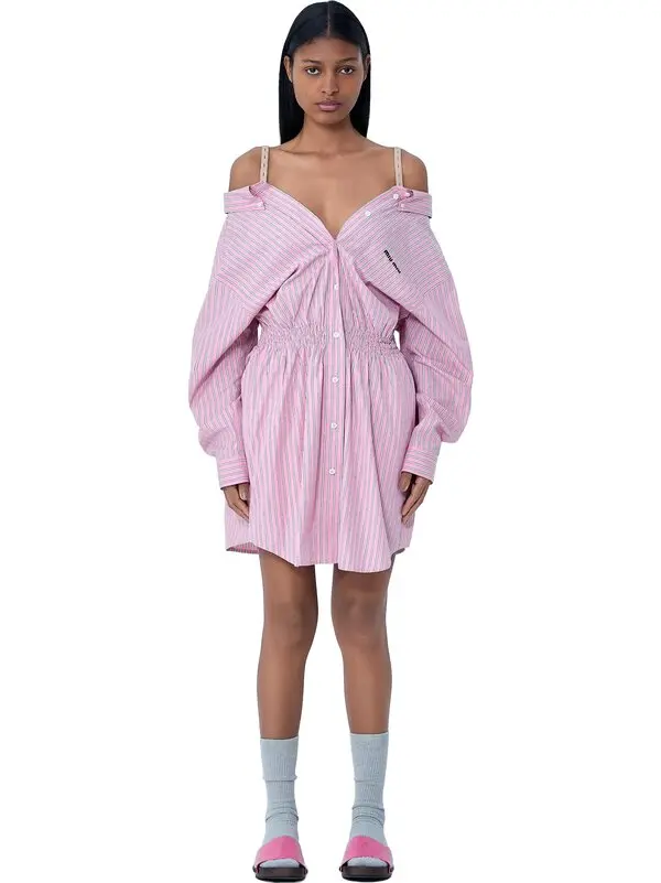 Miu Miu Striped Poplin Off-shoulder Shirtdress - Pink