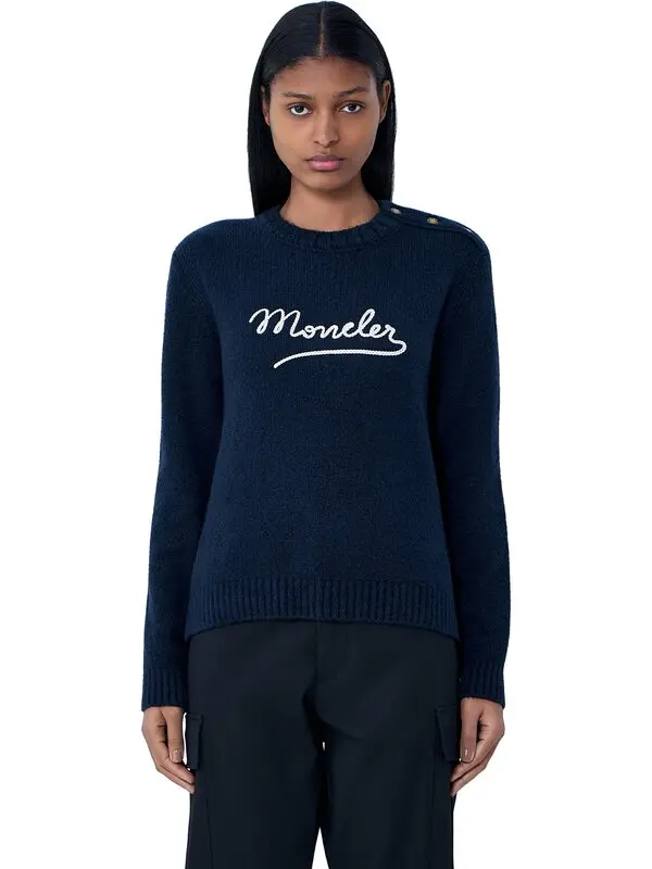 Moncler Embroidered Logo Wool Blend Sweater - Black