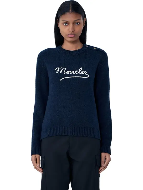 Moncler Embroidered Logo Wool Blend Sweater - Black