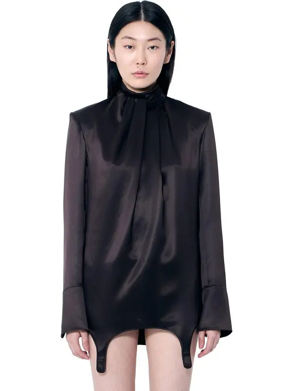 Saint Laurent Twist-neck Garter Blouse In Silk Satin - Brown