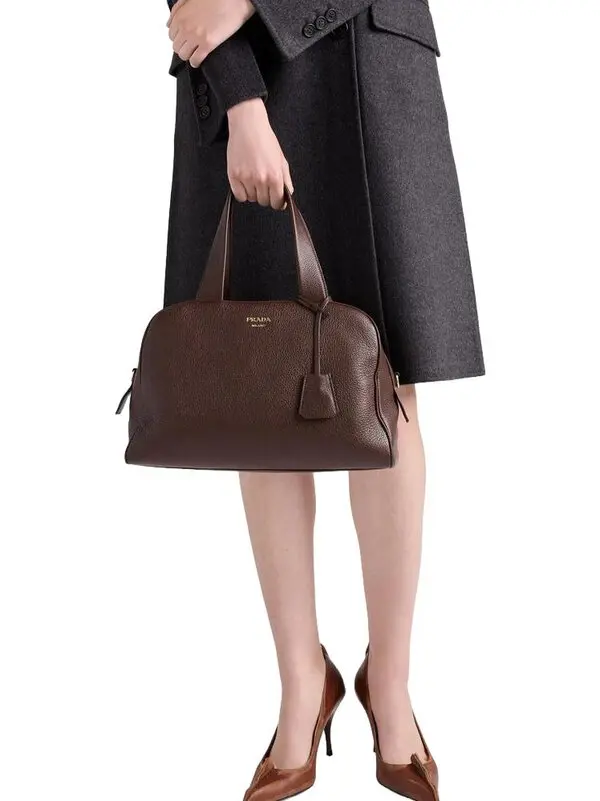 Prada Grained Leather Tote Bag With Adjustable Shoulder Strap - Brown