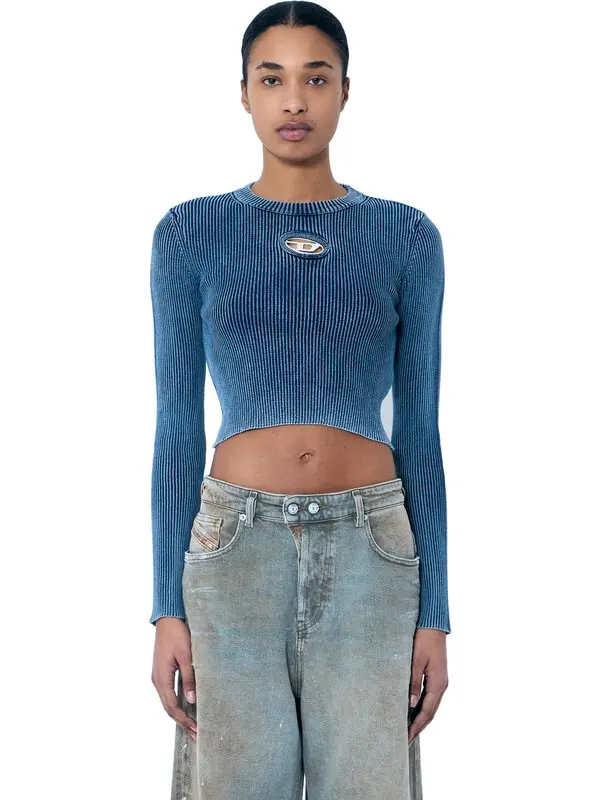 DIESEL® Ribbed Crewneck Long Sleeve Top With Logo Plaque - Blue